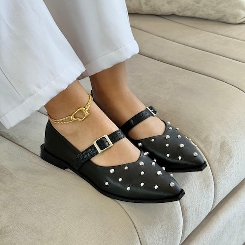 Baleta Negra con Perlas – Menta Celeste